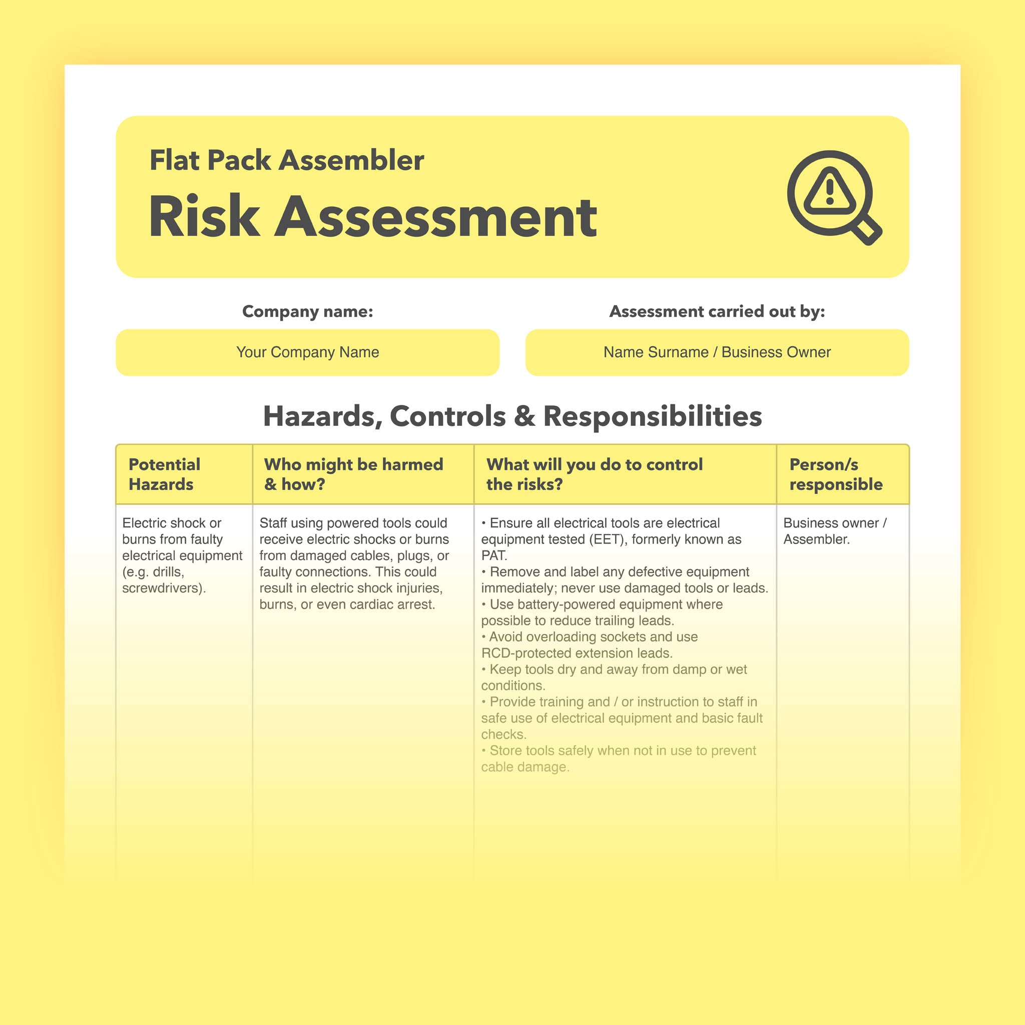 Flat Pack Assembler Risk Assessment Template Pre-filled, Easy To Use ...