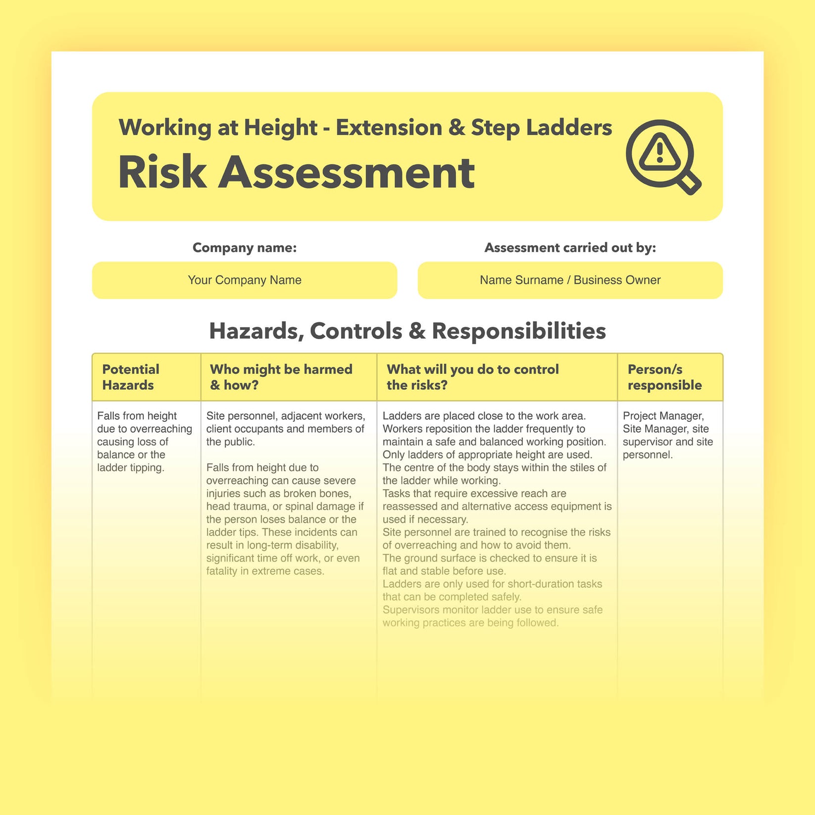 Step & Extension Ladder Risk Assessment Template | Easy To Use ...