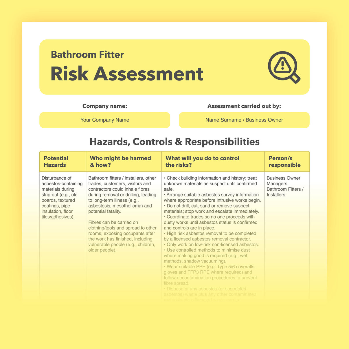 Bathroom Fitter Risk Assessment Template Pre-filled | Easy To Use ...