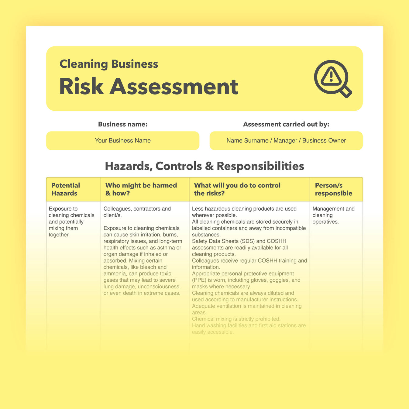 Cleaning Business Risk Assessment Template | Pre-filled, Easy To Use ...